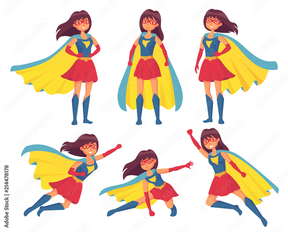 Woman superhero character. Wonder girl in superwoman costume with cloak ...
