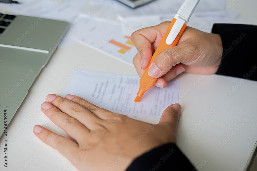 Woman with bills and calculator. Woman using calculator to calculate ...