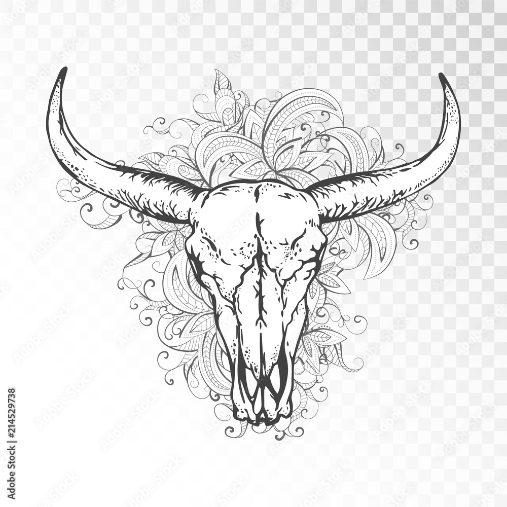 Vector illustration with a wild buffalo skulls and flowers pattern ...