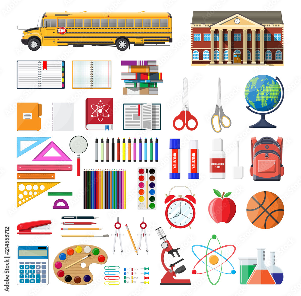 Big school set. School supplies, stationery Stock Vector | Adobe Stock
