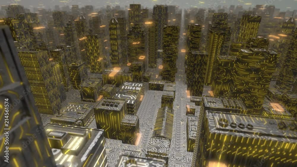 Seamless looping 3d animated digital city with a circuit board texture ...