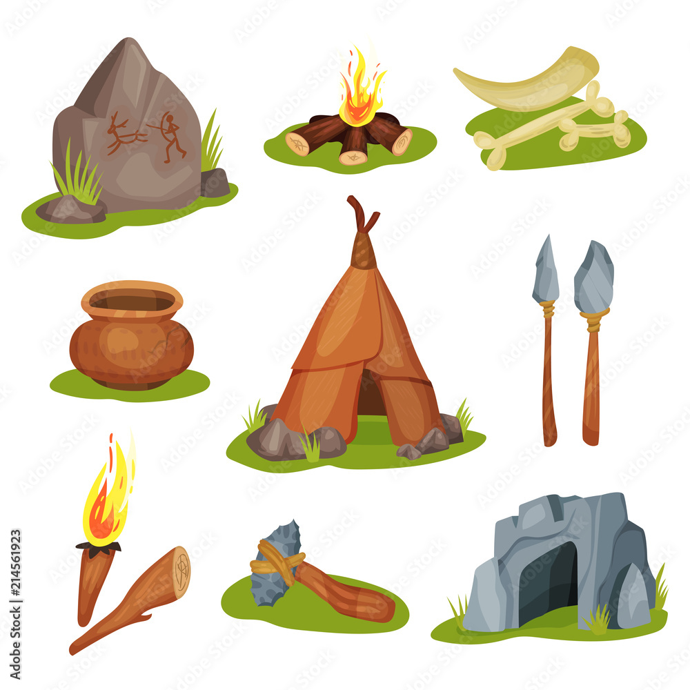 Flat vector set of various prehistoric objects. Stone with drawing ...