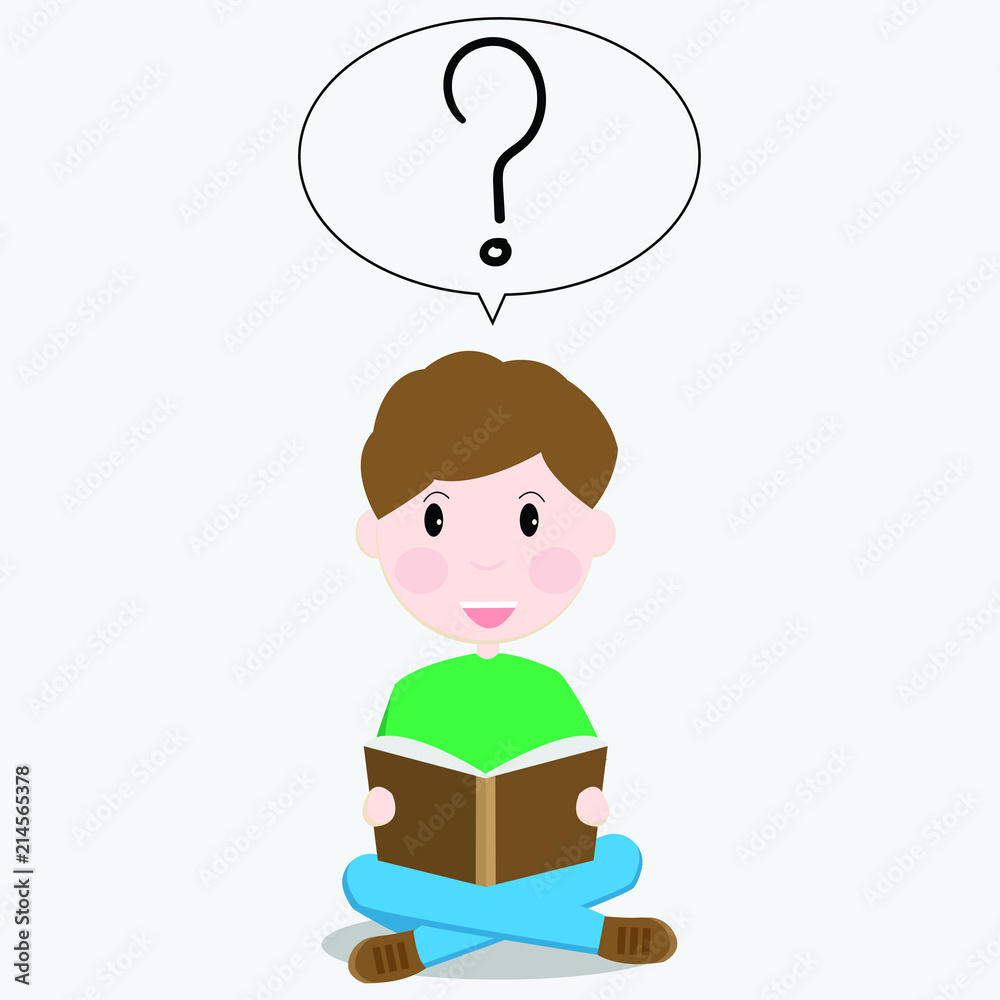 A Students boy is reading a book with question mark icon in speech ...