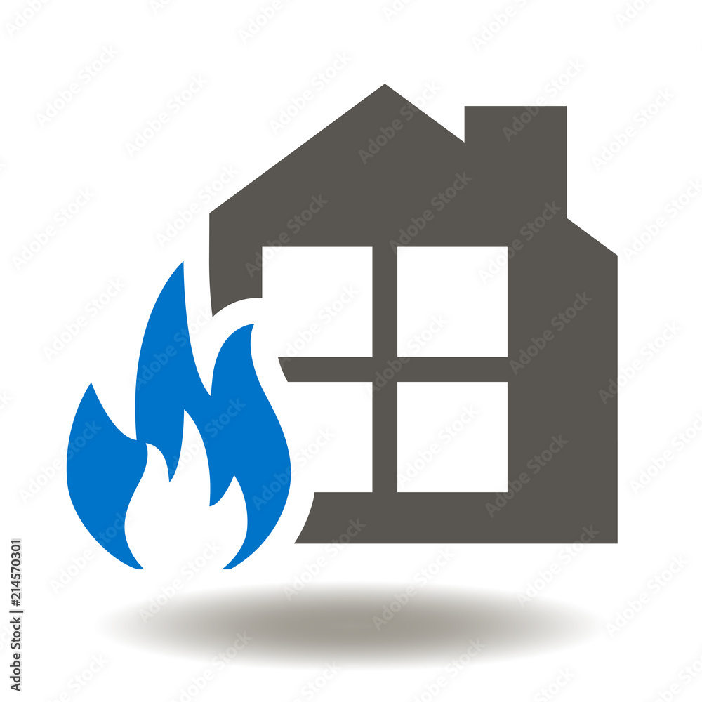 House building with fire flame icon vector. Fire safety rules for ...