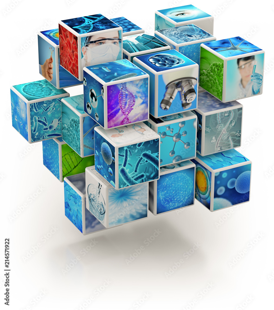 biology research photo collage cube-shaped isolated on white Stock ...