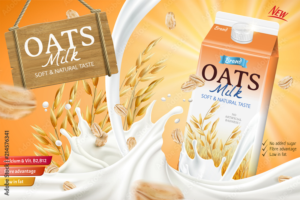 Oats milk ads with carton container Stock Vector | Adobe Stock