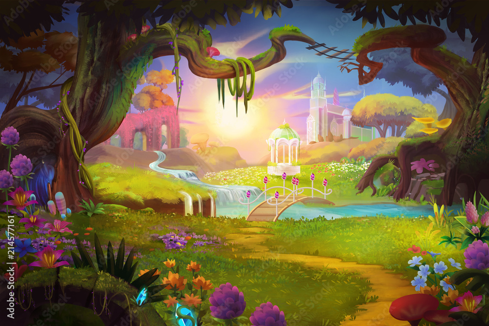 Fantasy land, Grass and Hill, River and Tree with Fantastic, Realistic ...