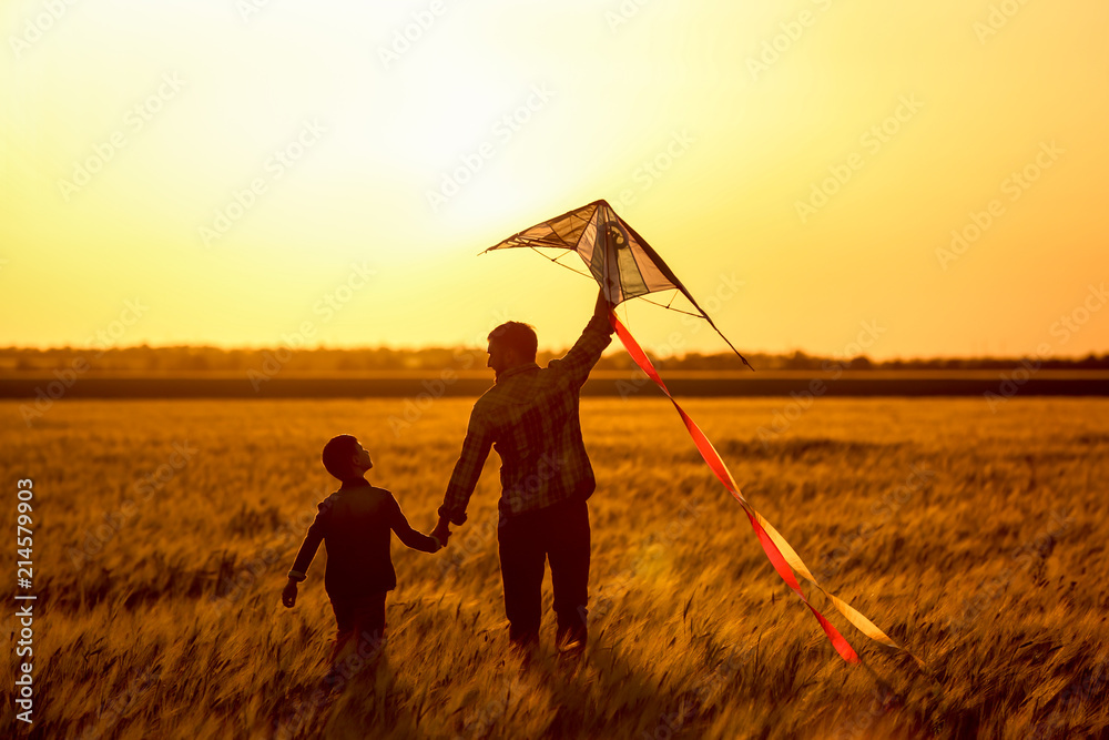 Happy father and son flying kite in the field at sunset Stock Photo ...