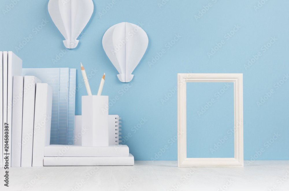 School template - white books, stationery, blank photo frame and ...