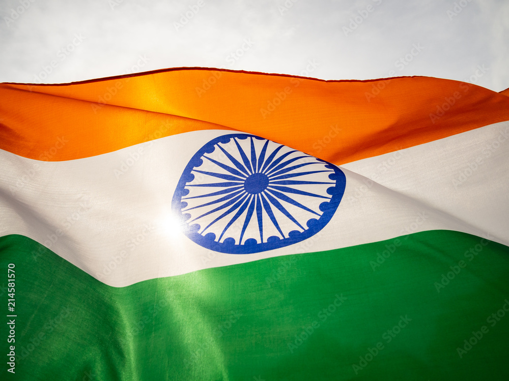 The wavy Indian flag on the sunset sky. Indian independence day. Stock ...