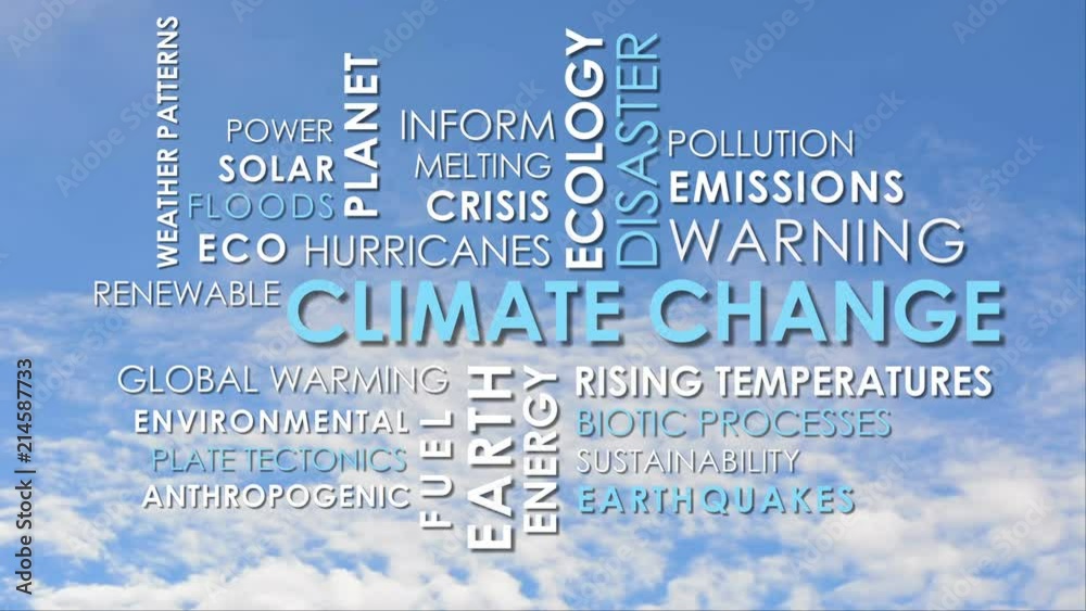 Climate Change related animated text word cloud against blue sky with ...