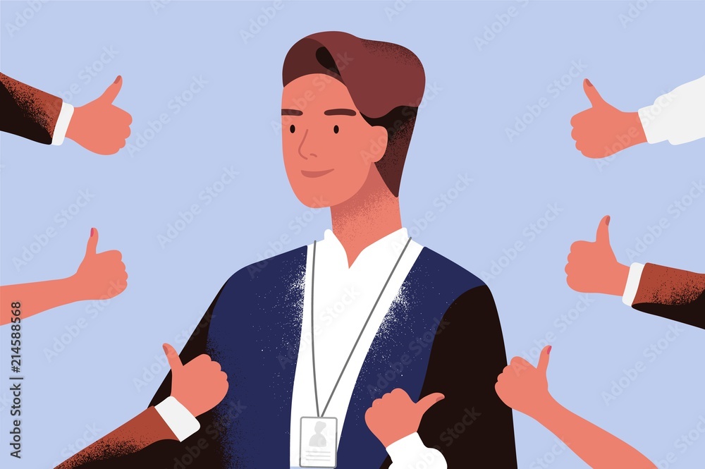 Smiling businessman or office worker surrounded by hands demonstrating ...