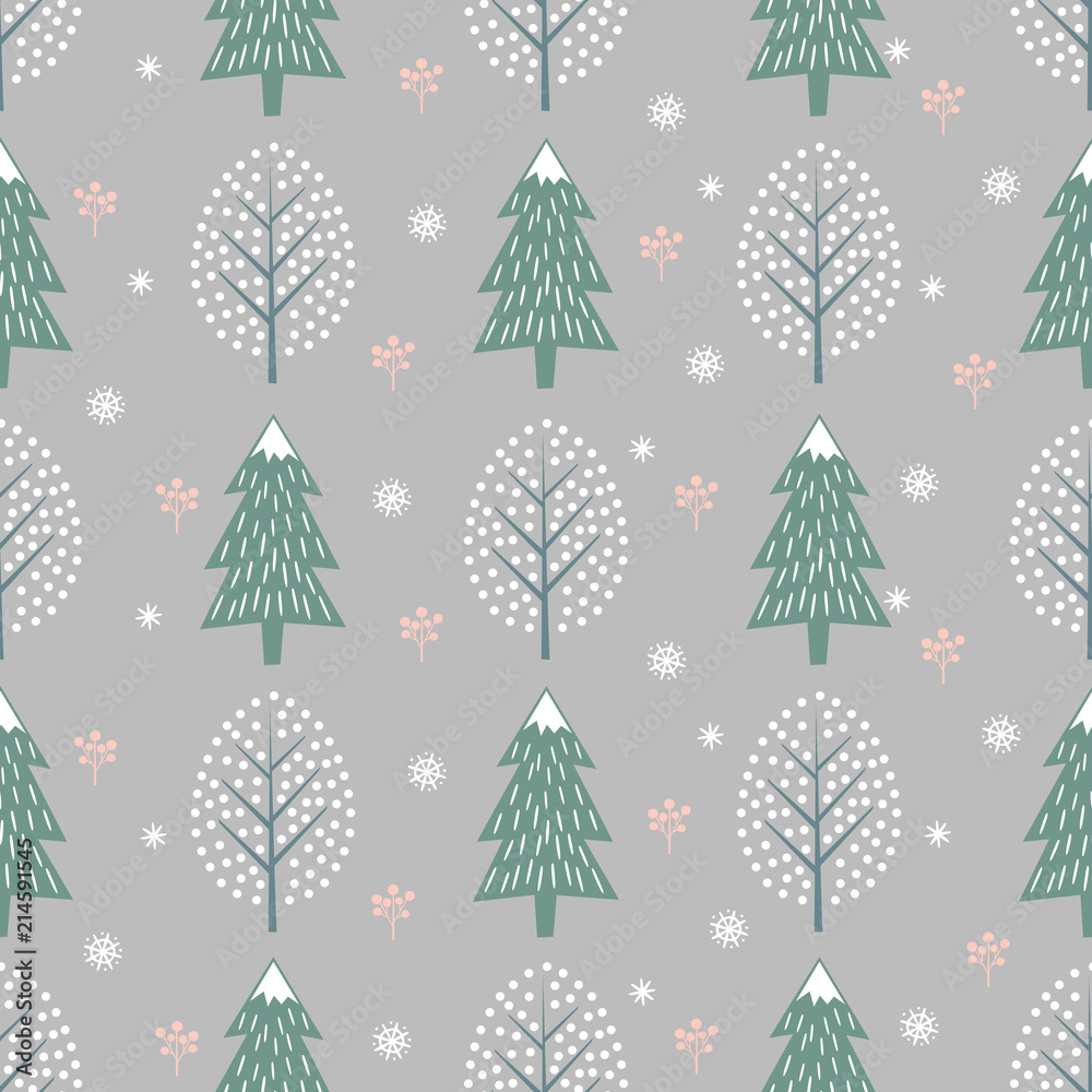 Winter trees seamless pattern on grey background. Vector design with ...