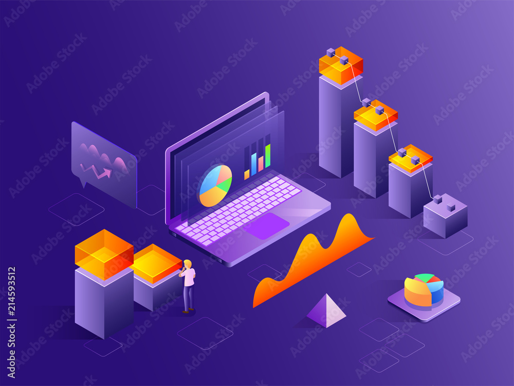 Isometric view of laptop with 3D bar graph with infographic elements ...