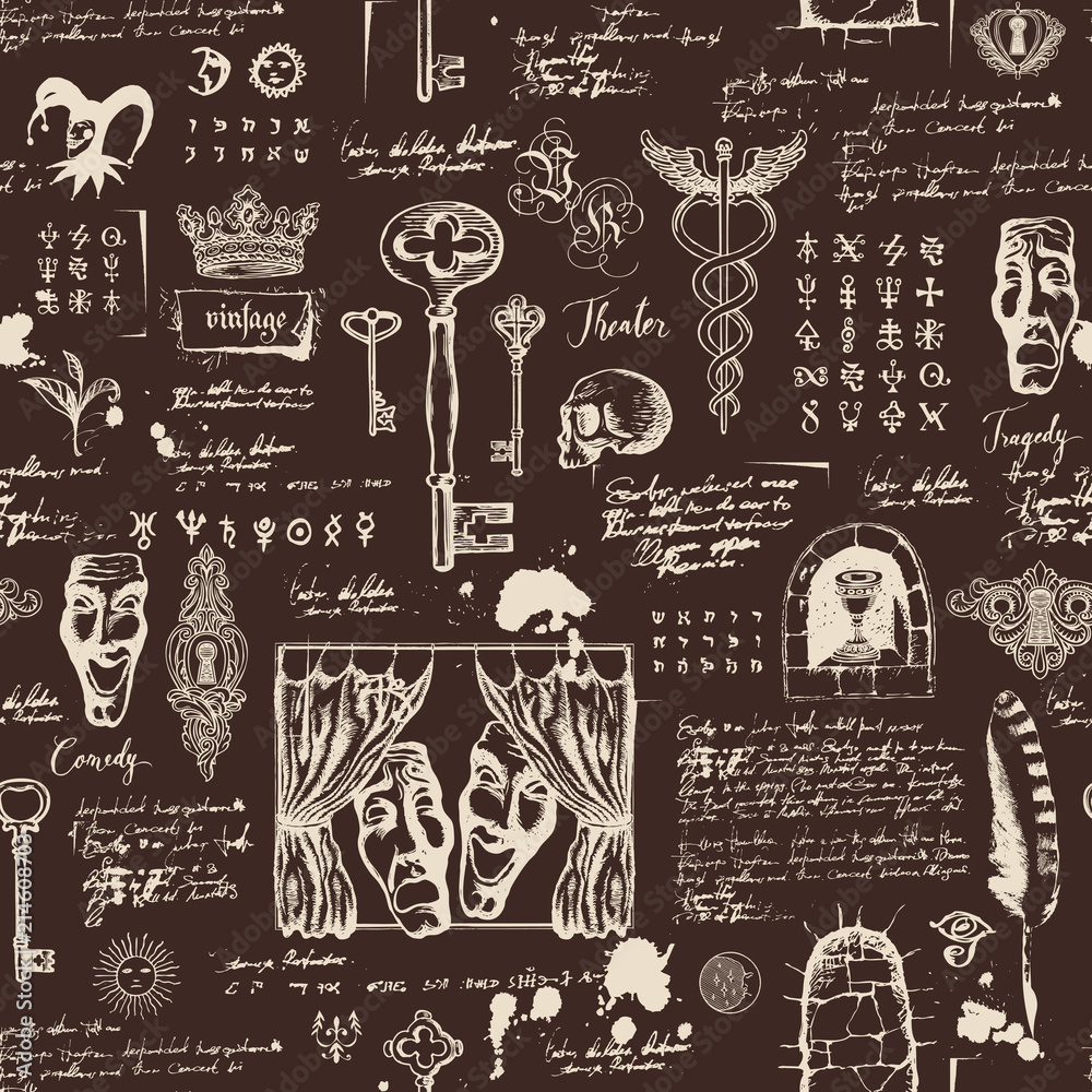 Vector seamless pattern on the theme of theater and drama with drawings ...