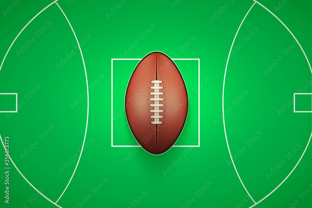 Poster Template with Australian rules football Ball on grass field. Cup ...