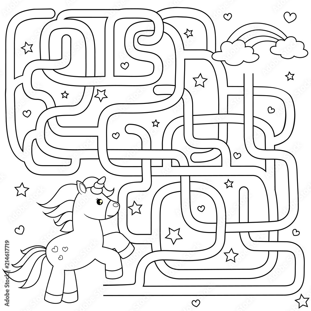 Vetor de Help unicorn find path to rainbow. Labyrinth. Maze game for kids. Black and white ...