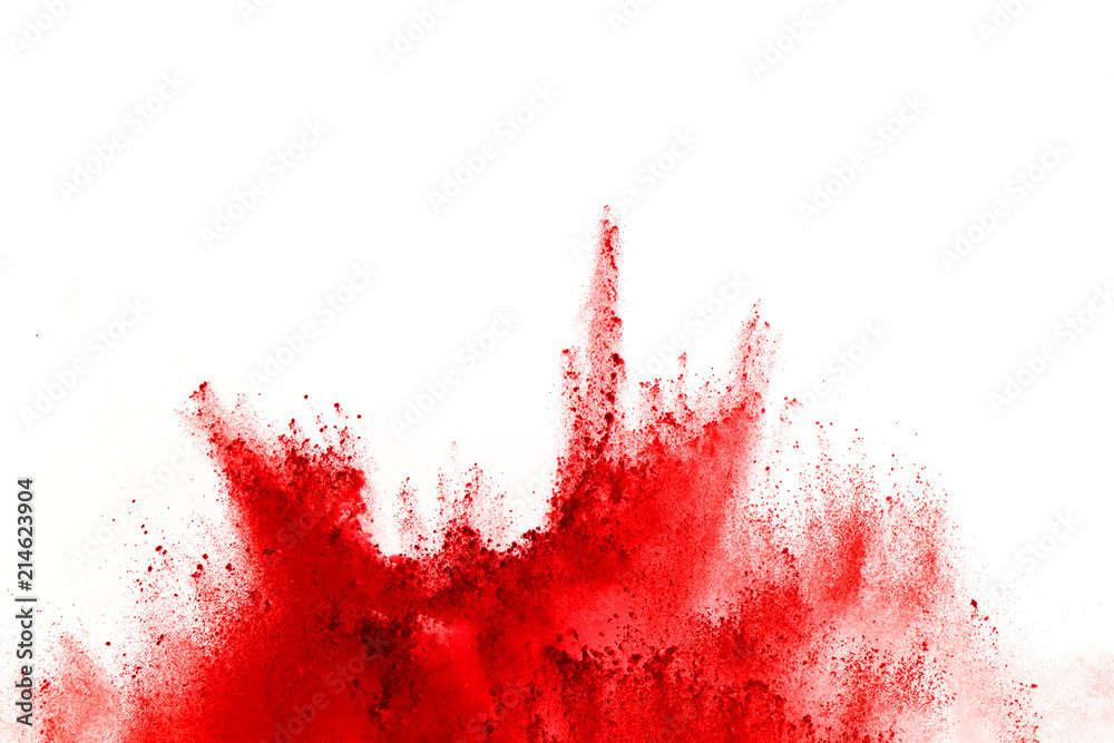 Abstract of red powder explosion on white background. Colored powder ...