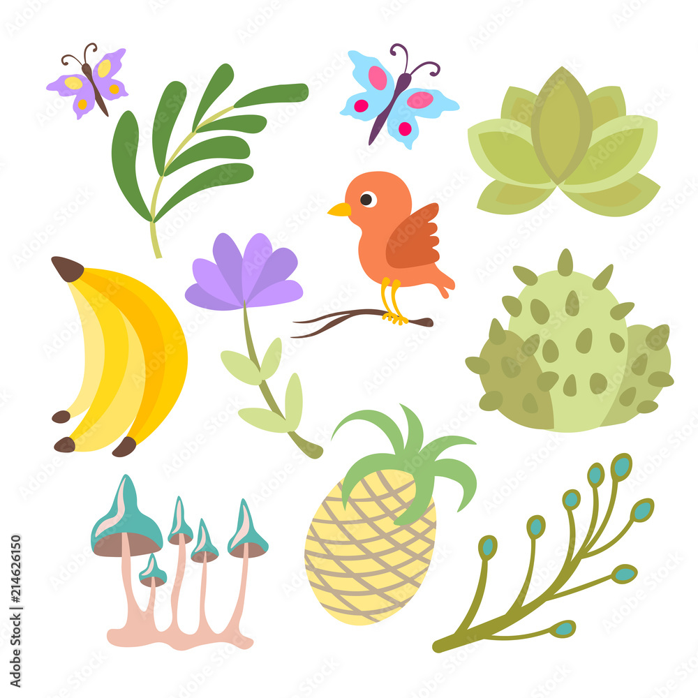 Vector cartoon cute set of savanna and tropical flowers, leaves and ...