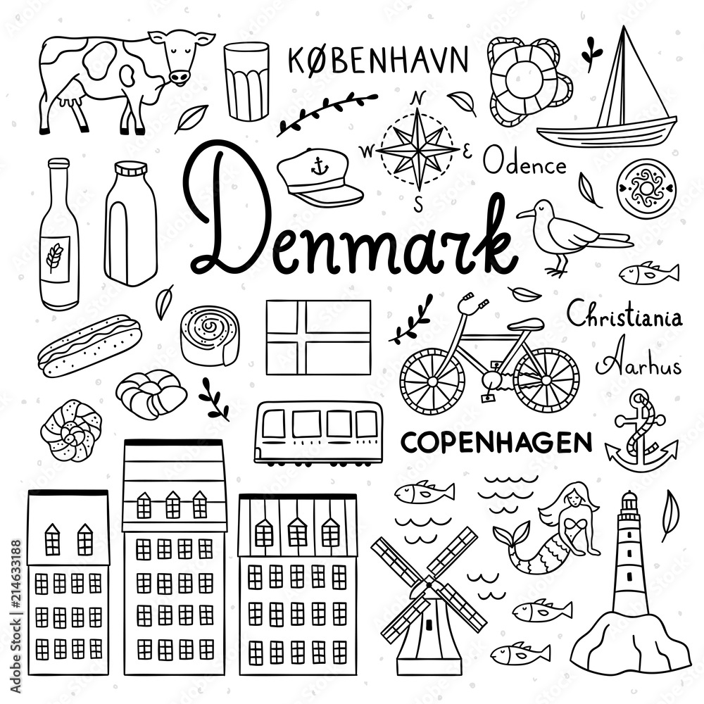 Vetor de Denmark icons and objects illustrations. Hand drawn Denmark ...