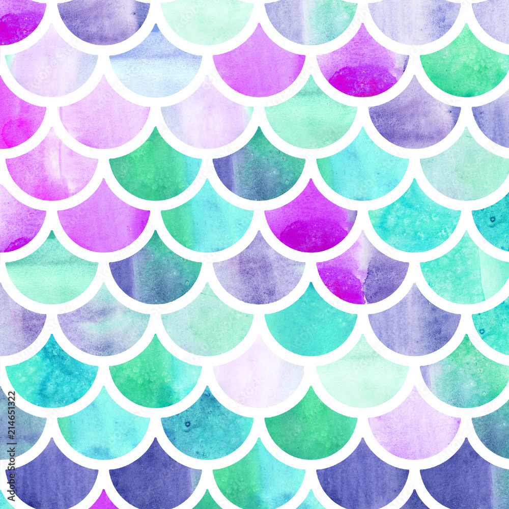 Mermaid scales. Watercolor fish scales. Bright summer pattern with ...
