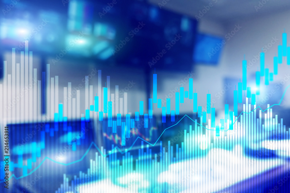 Stock trading candlestick chart and diagrams on blurred office center ...
