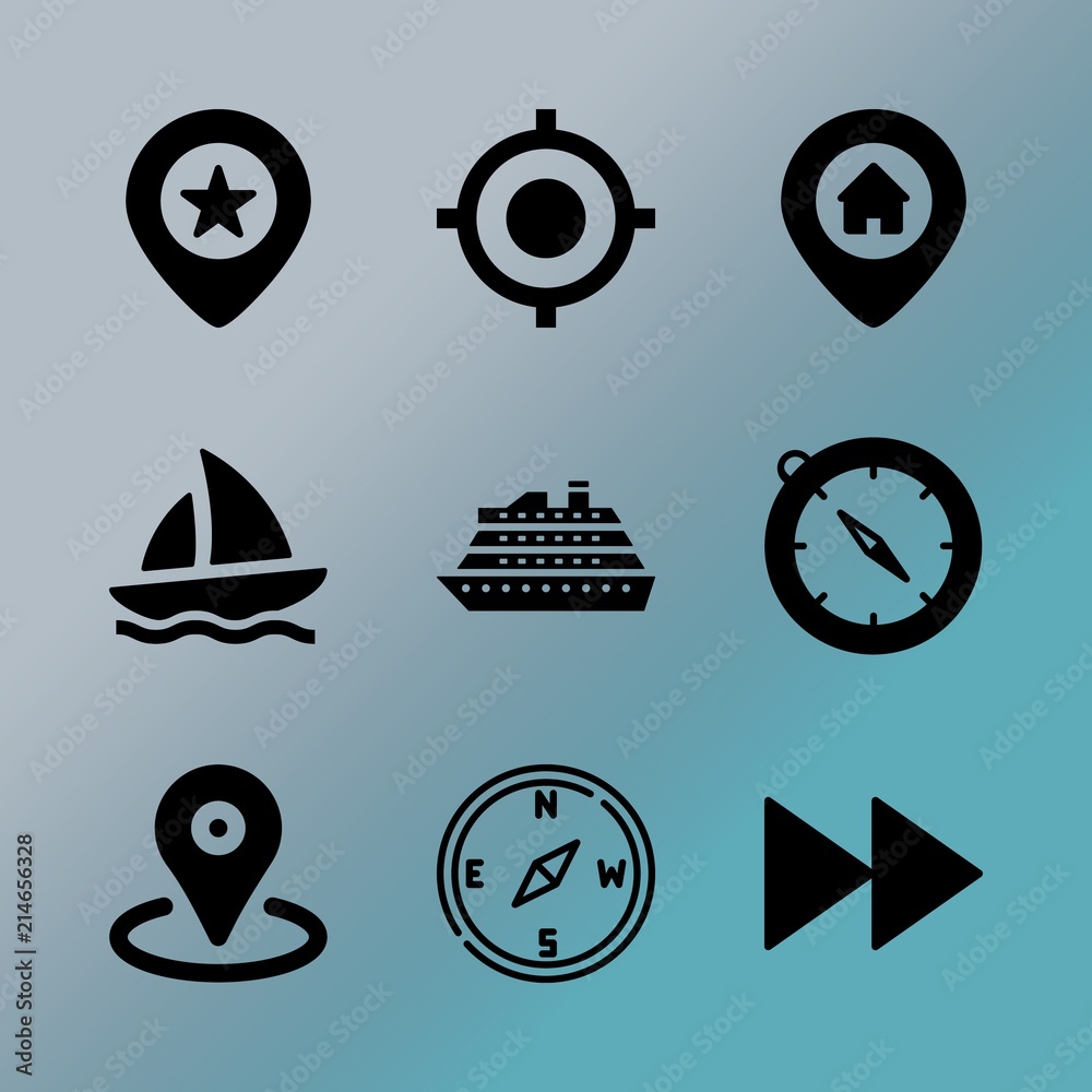 Vector icon set about location with 9 icons related to arrow, challenge ...