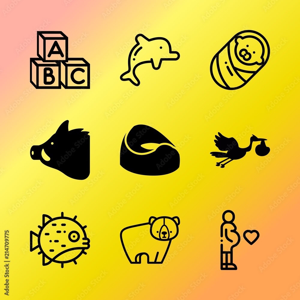 Vector icon set about baby with 9 icons related to elephant, font, fox ...