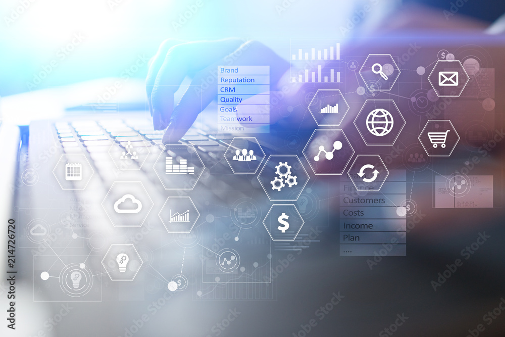 Business and technology concept. Graphs and icons on virtual screen ...