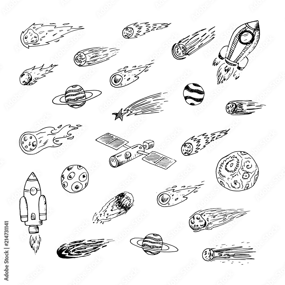 Handdrawn space objects doodles set. Spaceships,comets, planets ...
