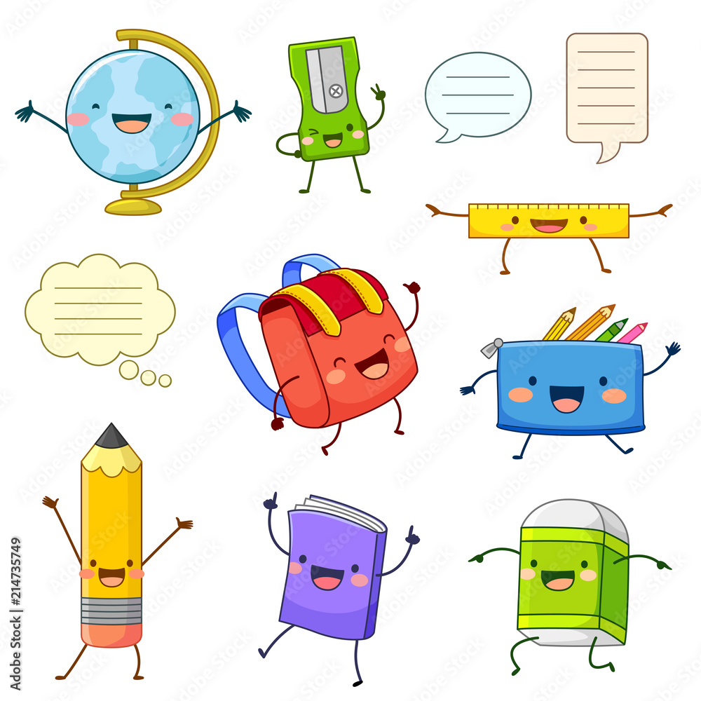 Set of cartoon characters of school supply items with happy faces Stock ...