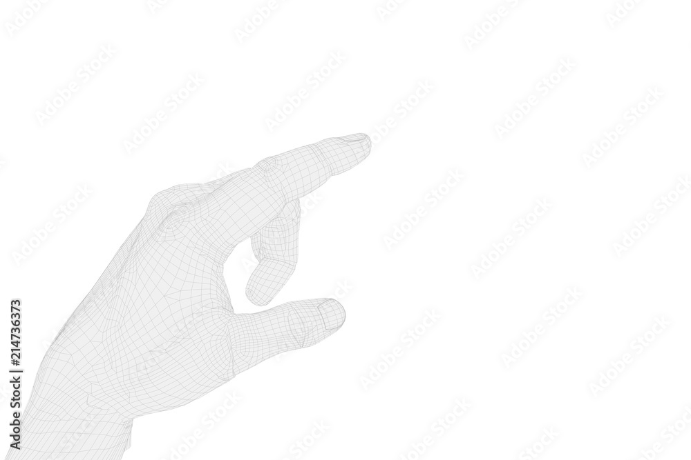 3D left hand in wireframe on white background with index finger ...