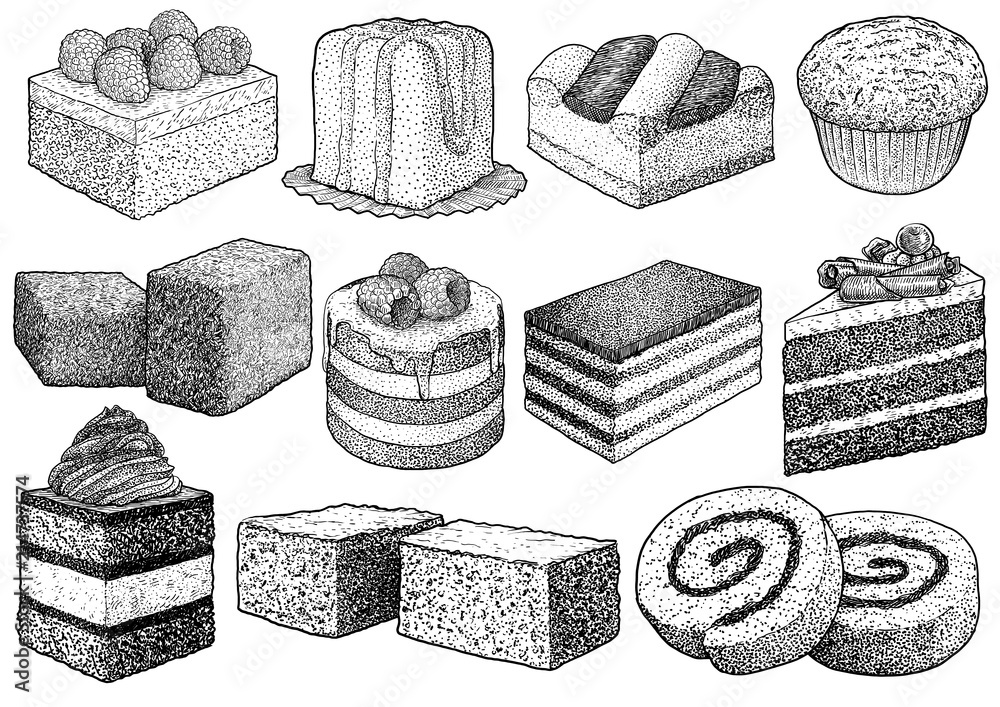 Cake collection illustration, drawing, engraving, ink, line art, vector ...