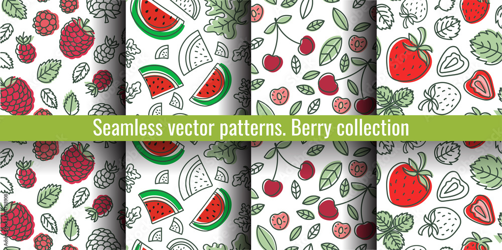Seamless pattern set. Juicy berry collection. Cherry, strawberry ...