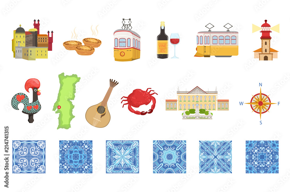 Portugal icons set. Portuguese national traditional symbols and objects ...