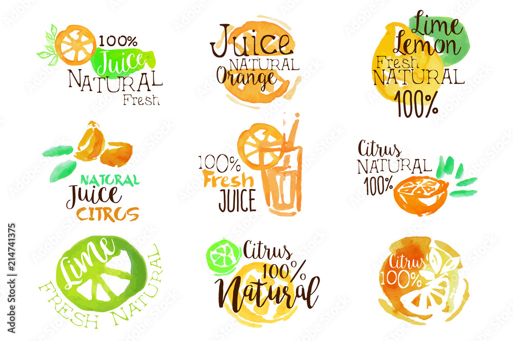 Natural Citrus Juice Promo Signs Colorful Set Stock Vector | Adobe Stock
