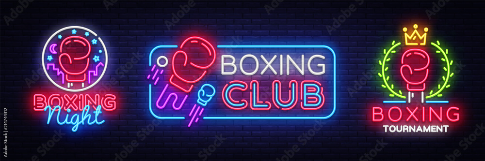 Collection Boxing neon signs. Design vector template. Boxing Tournament ...