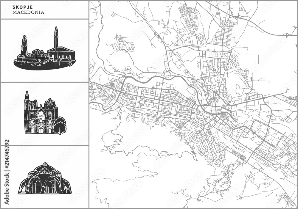 Skopje city map with hand-drawn architecture icons Stock Vector | Adobe ...