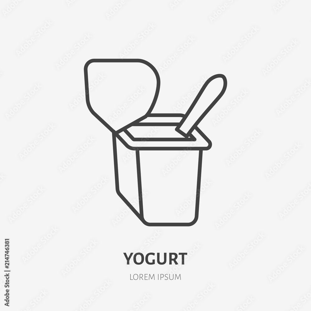 Yogurt with spoon flat logo, breakfast icon. Dairy product vector ...