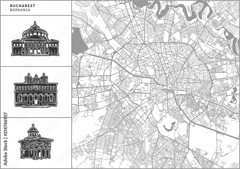 Bucharest city map with hand-drawn architecture icons Stock Vector | Adobe Stock