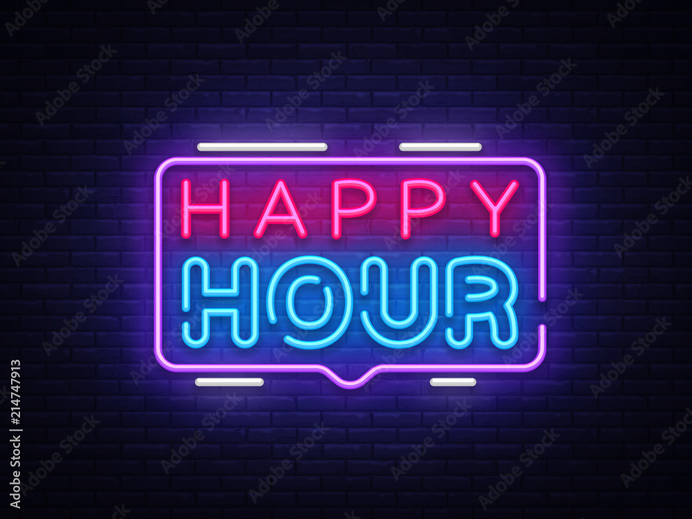 Happy Hour neon sign vector design template. Happy Hour neon logo ...