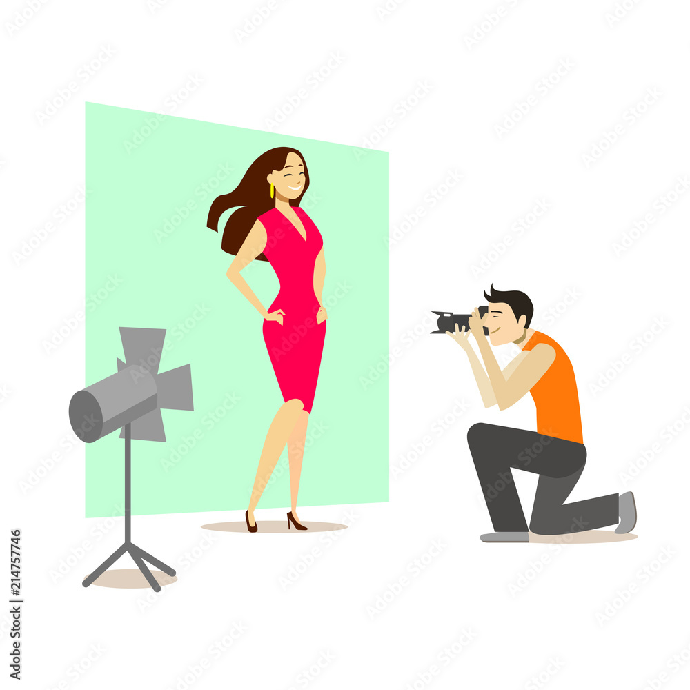 Cartoon Professional Photographer and Fashion Model in Studio. Vector ...