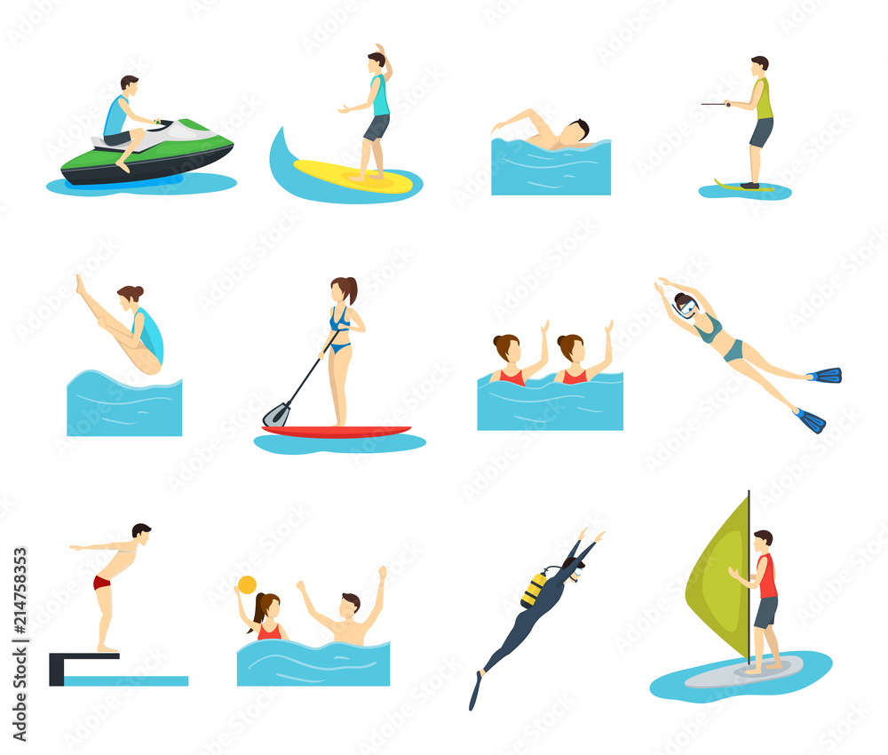 Cartoon Water Sport and Characters People Set. Vector Stock Vector ...