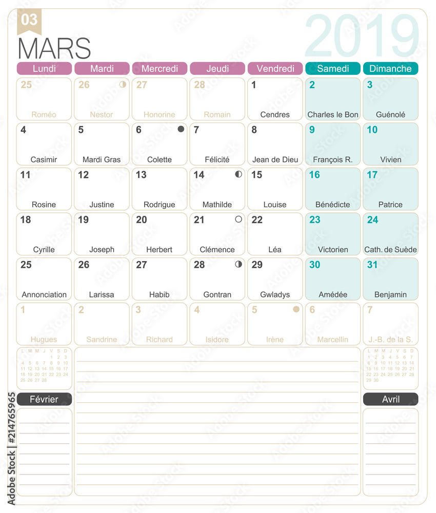French Calendar - March 2019 / French printable monthly calendar ...