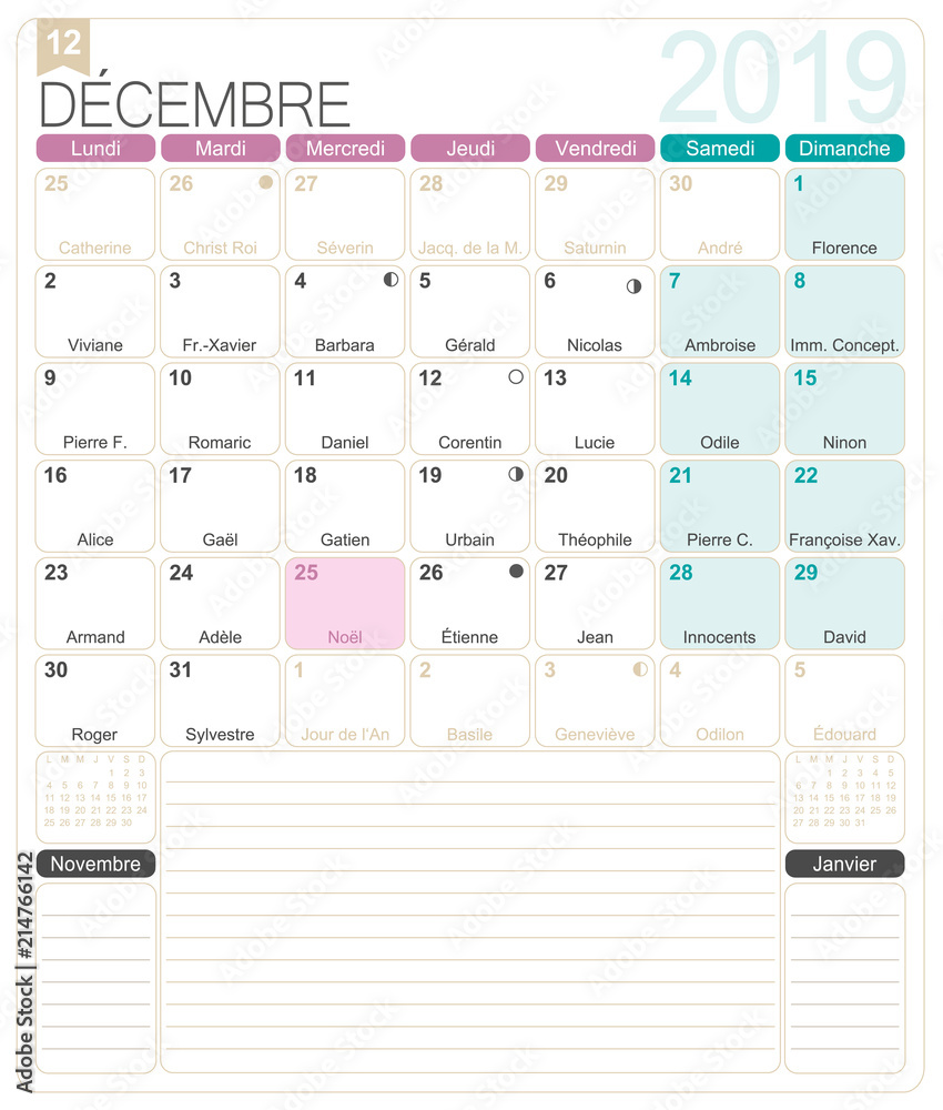 French Calendar - December 2019 / French printable monthly calendar ...
