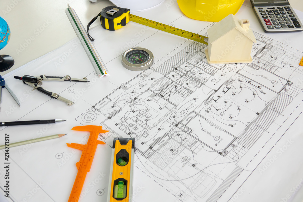 Architecture Desk with equipment architects On the desk with blueprint ...