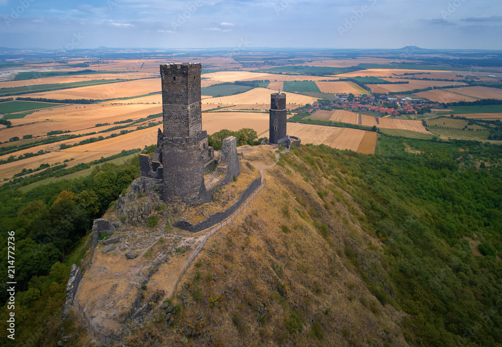 Foto de Aerial view on two stone towers ruins of mediaeval castle ...