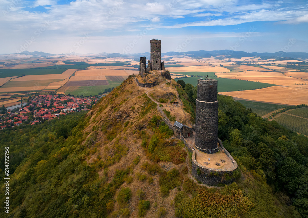 Aerial view on two stone towers ruins of mediaeval castle Hazmburk ...
