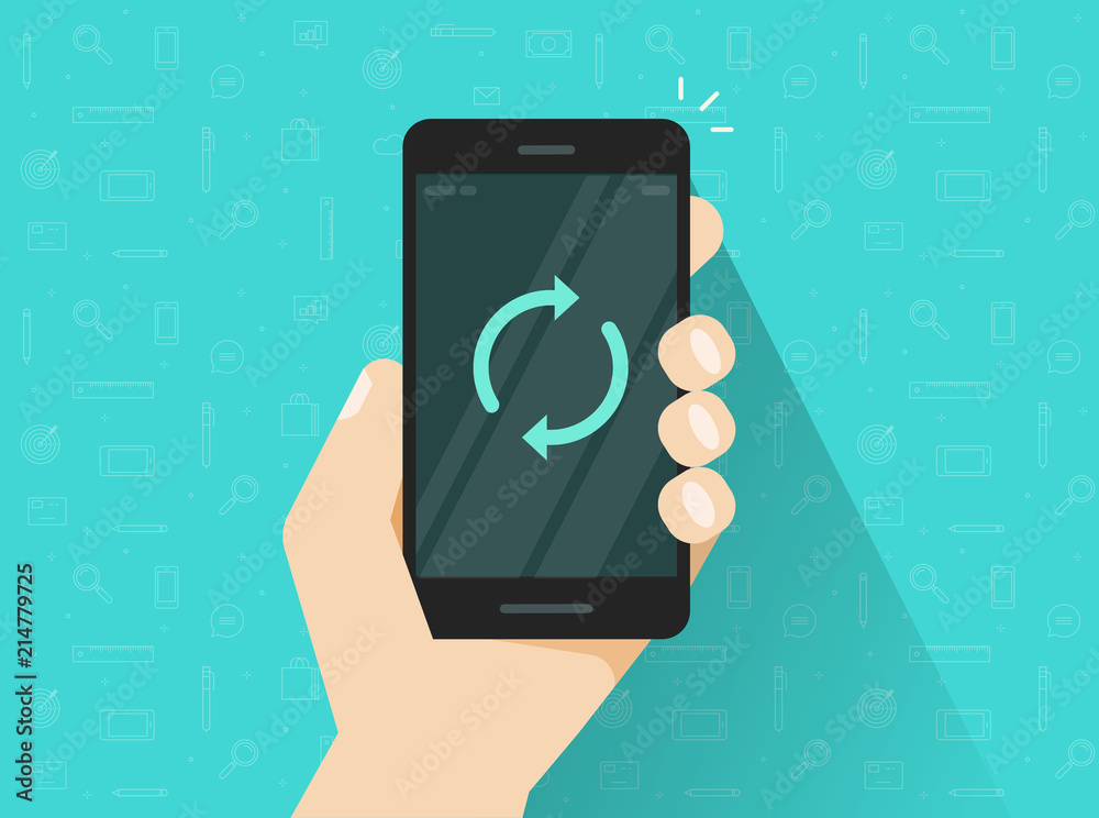 Mobile phone updating vector, flat cartoon smartphone with synchronize ...