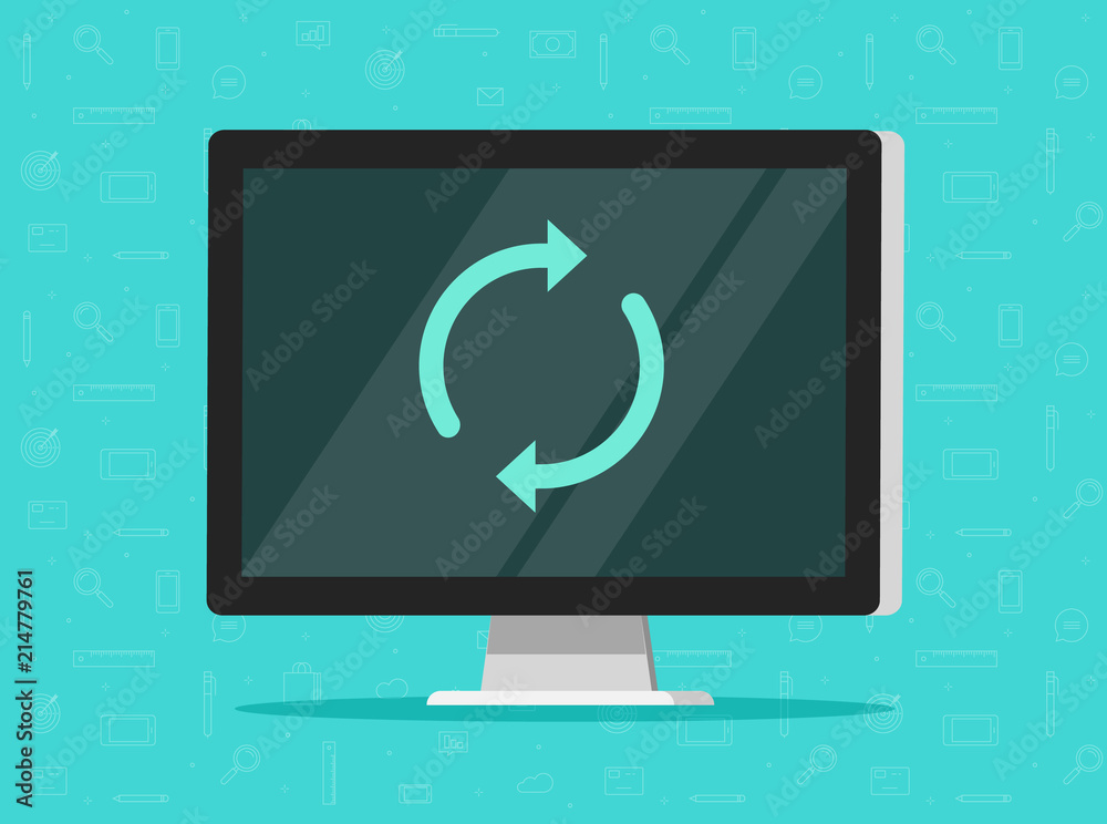 Computer updating vector illustration, flat cartoon pc with synchronize ...